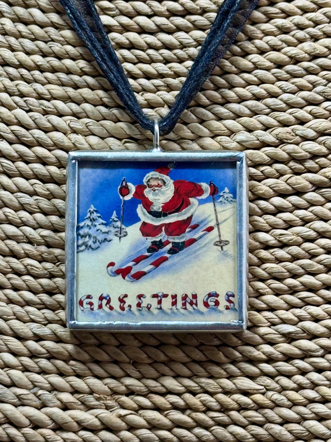 Christmas Santa Soldered Pendant, Vintage Santa Skiing Pendant, Vintage ...