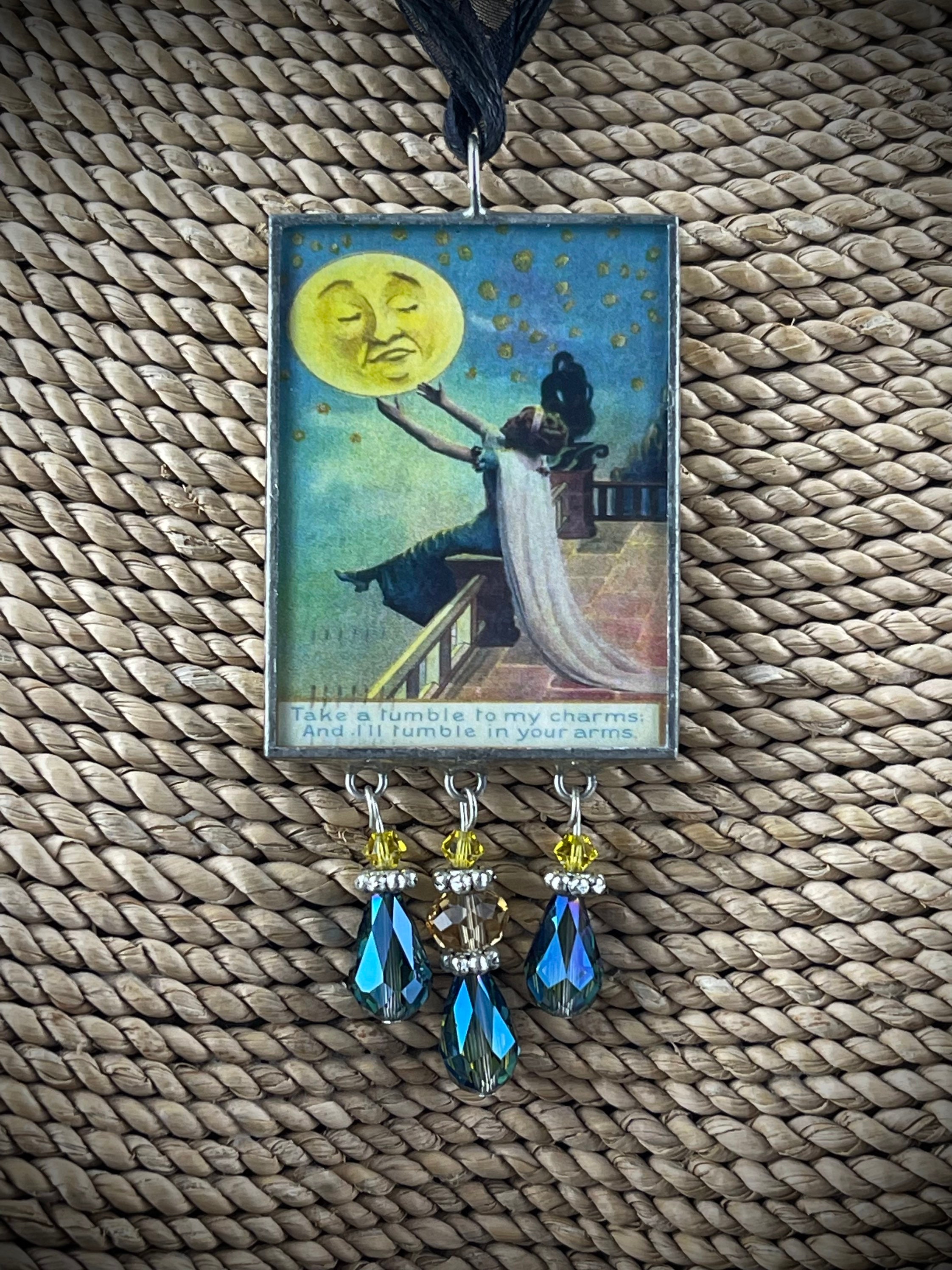 Vintage Lady and Moon Soldered Pendant, Smiling Moon Face Soldered ...