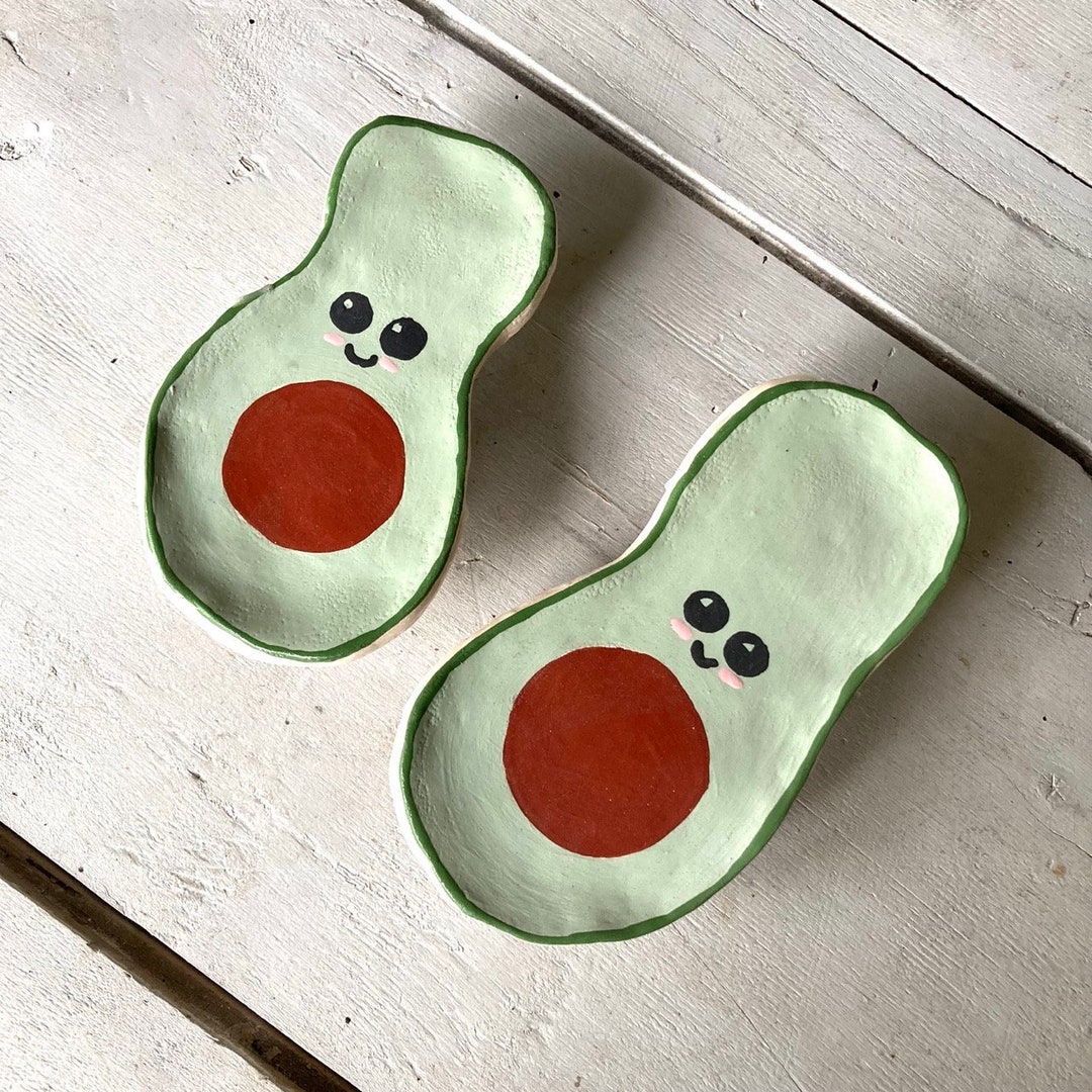 Handpainted Emoji Face Kawaii Avocado Ceramic Pottery Mini Ring ...