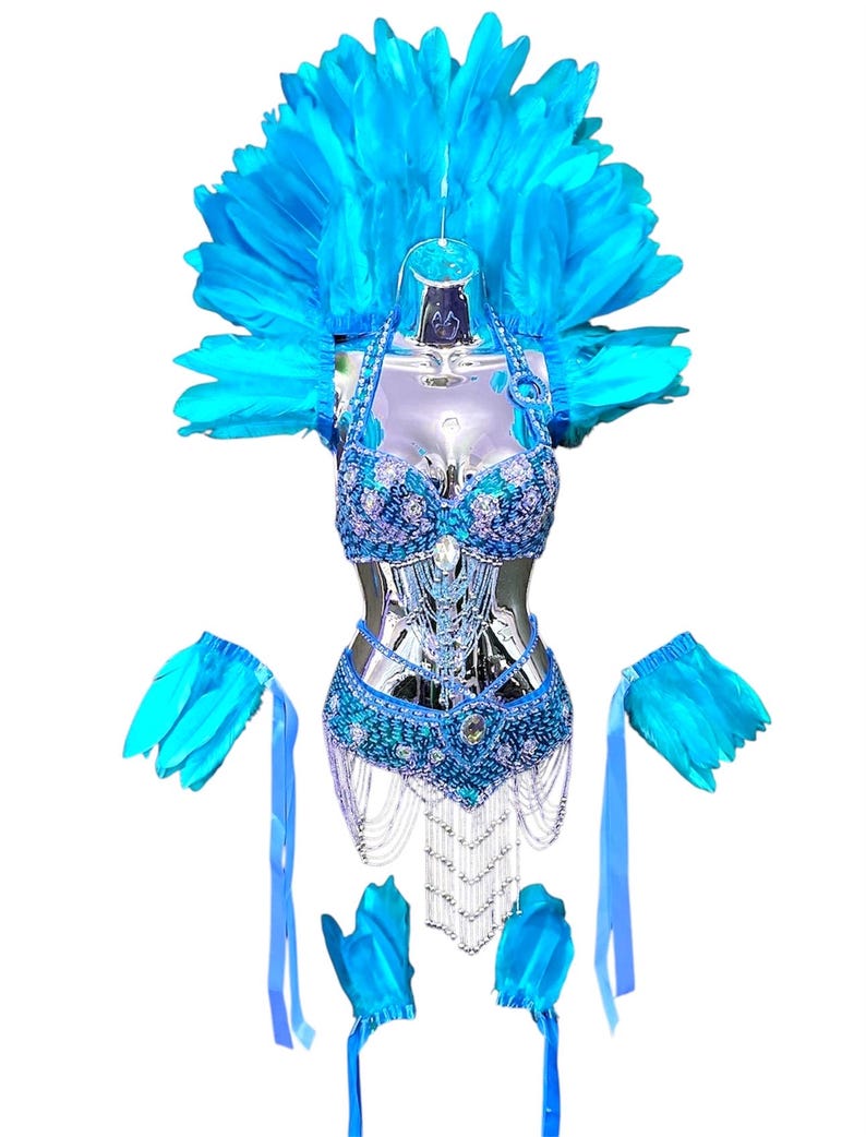 Aqua Blue Feather Showgirl Shawl Collar Leg and Arm Cuffs Samba ...