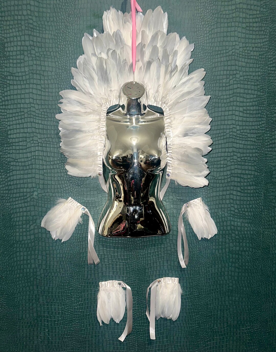 White Silver RIRI Inspired Crop Feather Showgirl Shawl Collar Leg and ...