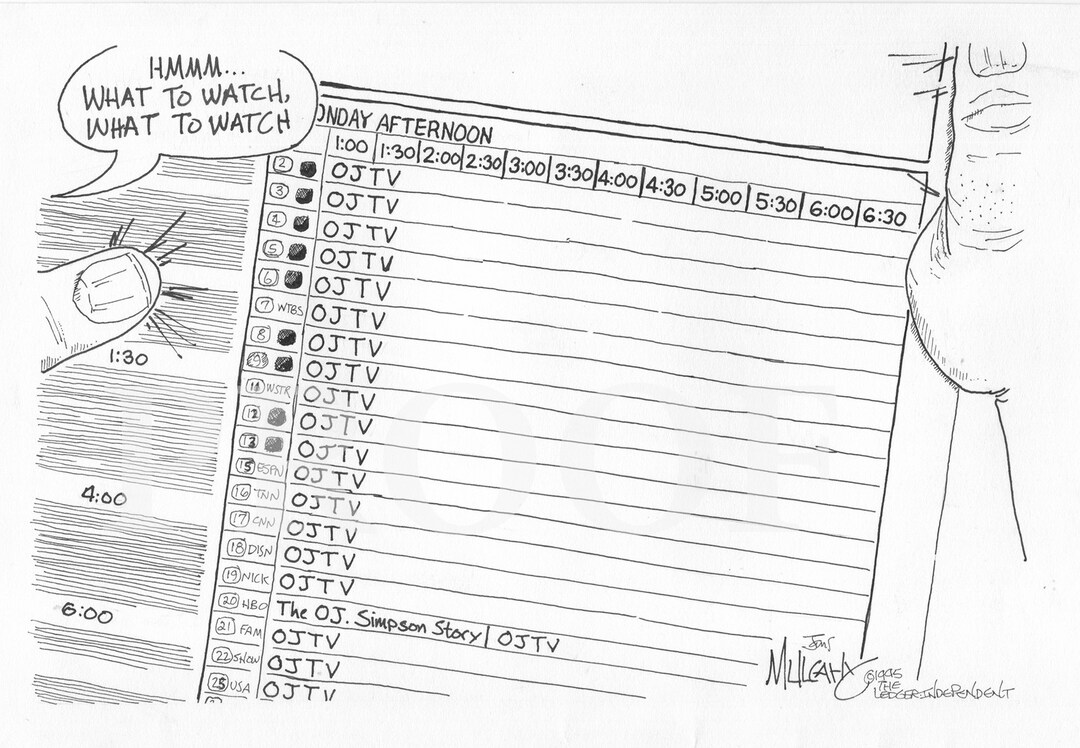 Original Editorial Cartoon: TV Guide With All Channels Showing O.J ...
