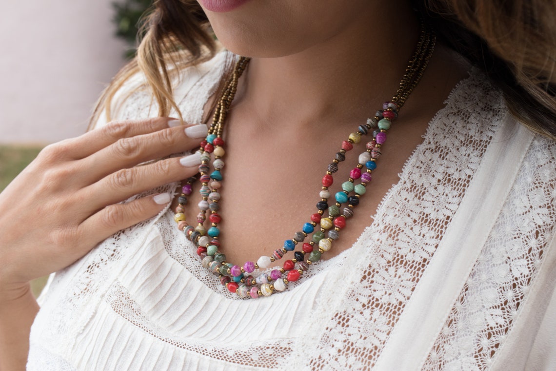 Multi Color Paper Beads Necklace, Handmade Uganda, African, Eco ...