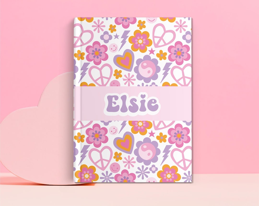 Personalised Retro Y2K Journal Custom Name Notebook With Peace, Hearts ...