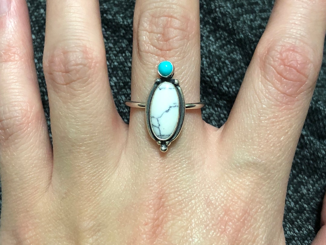 Medium Oval White Turquoise Ring With Turquoise/ White Turquoise/ White ...