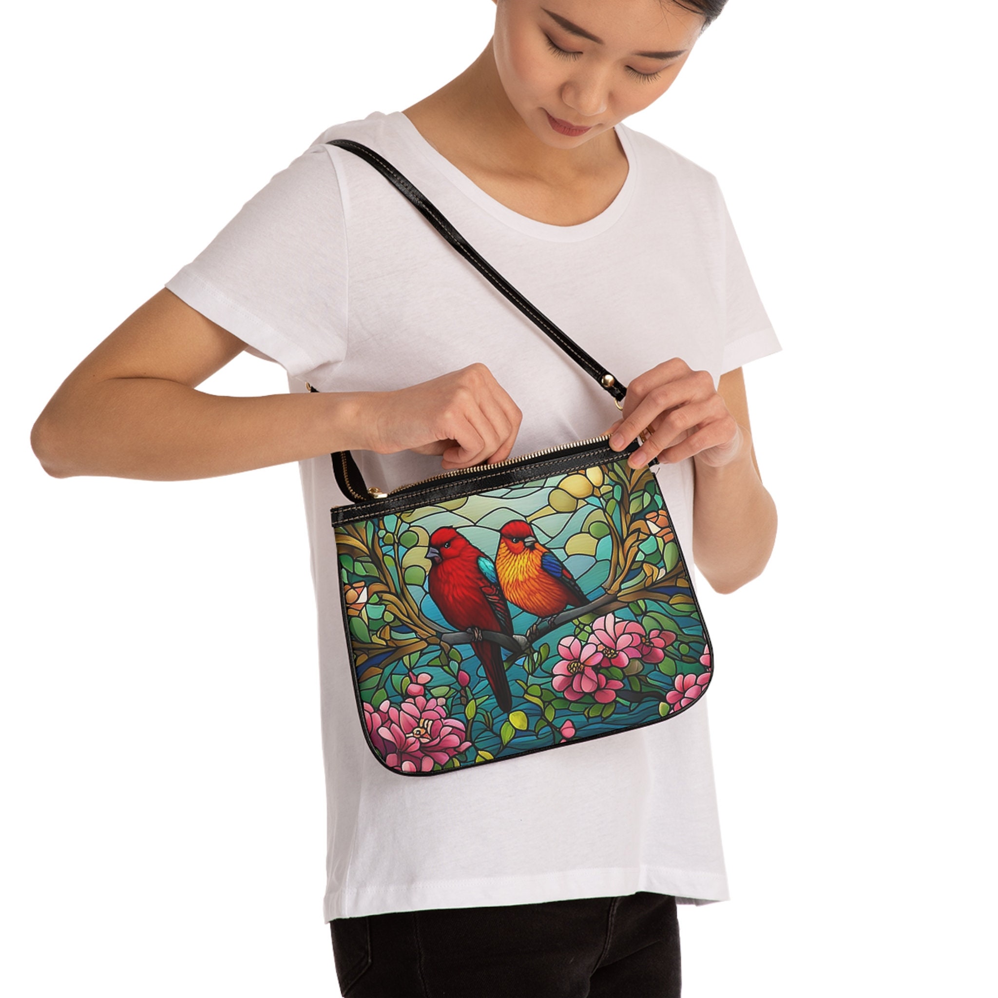 Vegan Leather Stained Glass Parrots Print Small Shoulder Bag - Etsy