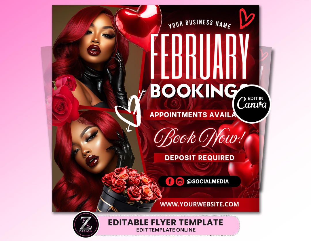 February Bookings Flyer, Valentines Day Appointment Flyer, Book Now ...