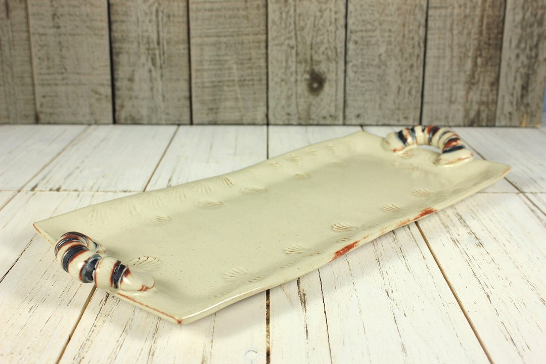 Long White Rectangular Stoneware Platter With Handles - Etsy