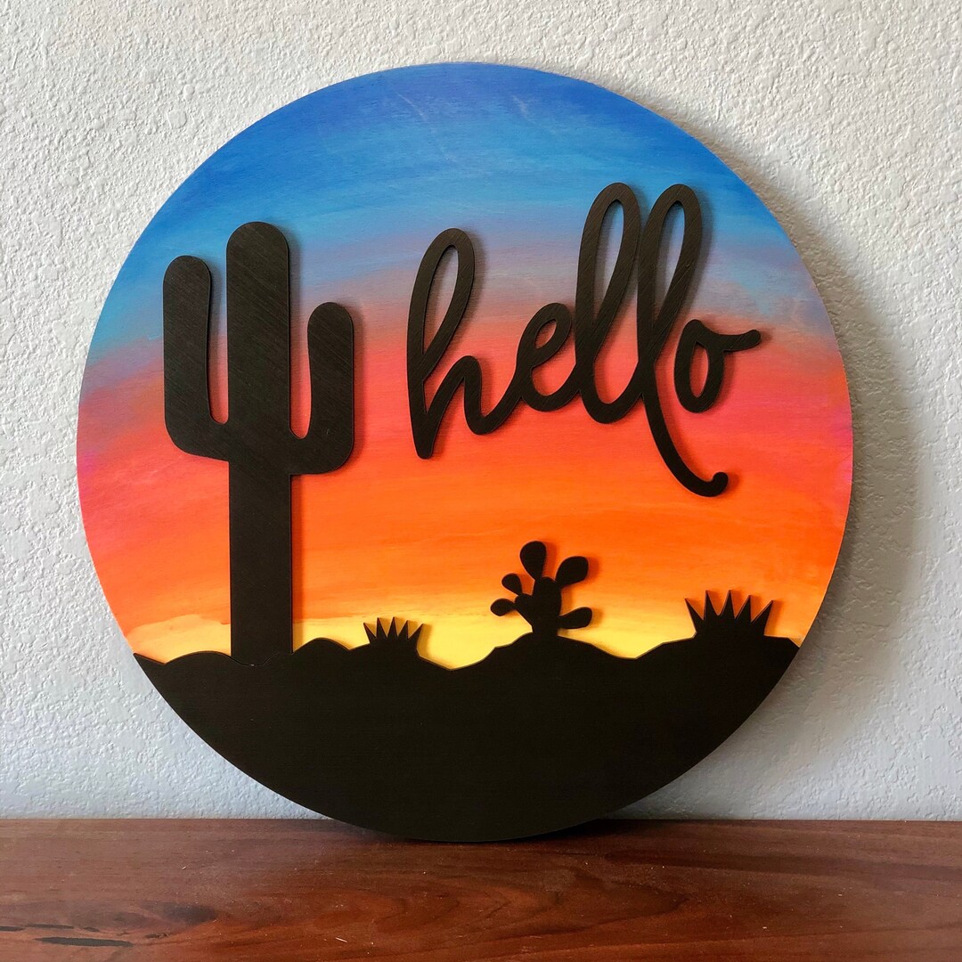 Cactus Door Hanger, Cactus Sunset Sign, Desert Decor, Desert Scenery ...