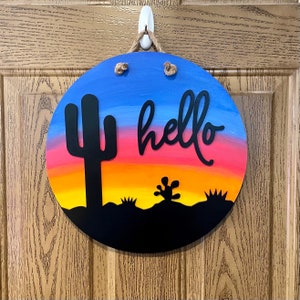 Cactus Door Hanger, Cactus Sunset Sign, Desert Decor, Desert Scenery ...