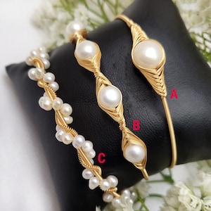 Freshwater Pearl Bracelet Wire Wrapped Adjustable Bangle Cuff Wedding Jewelry Bridal Bracelet ...