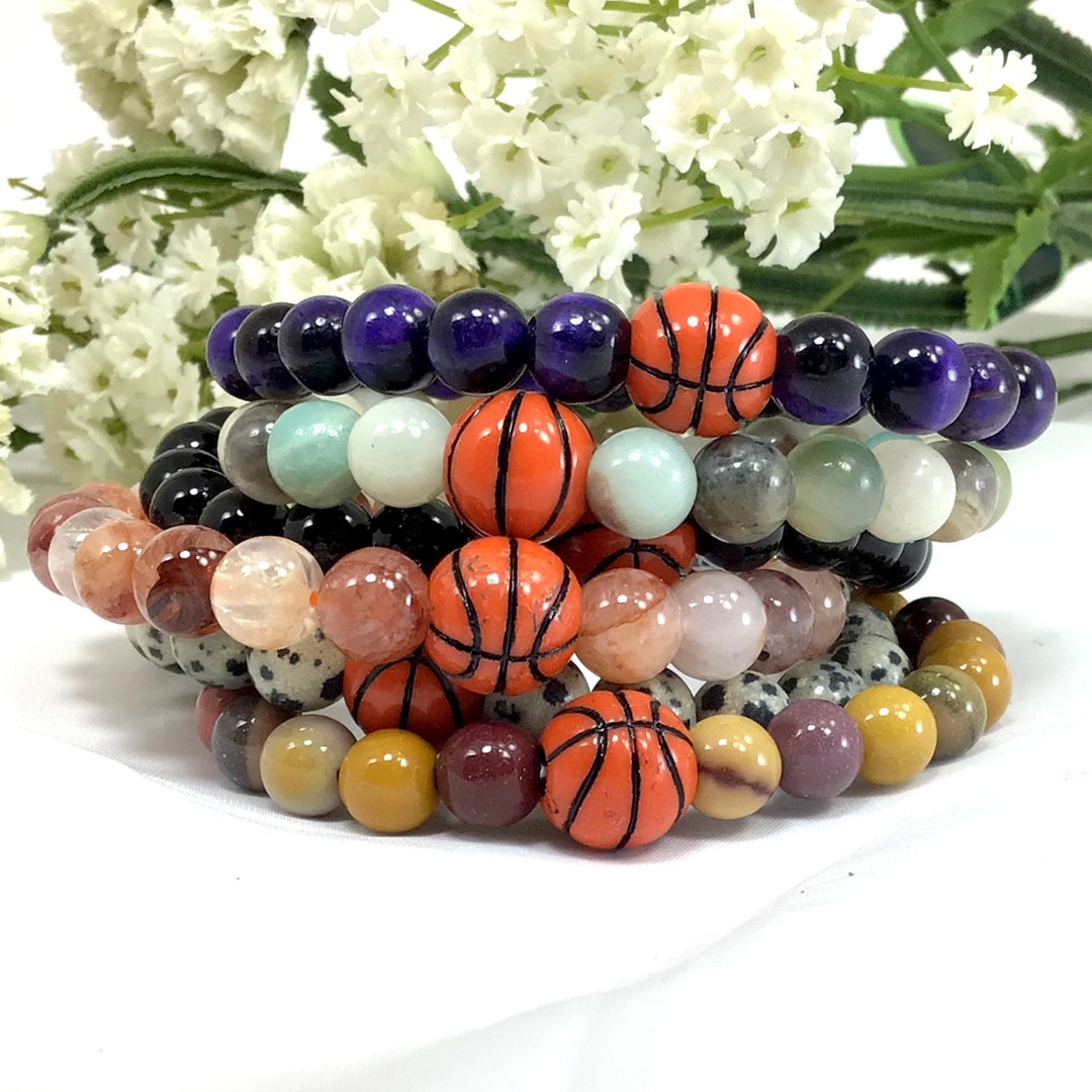 Basketball Sport Beaded Bracelet Handmade Gemstones 8mm Round Beads 7.5 ...