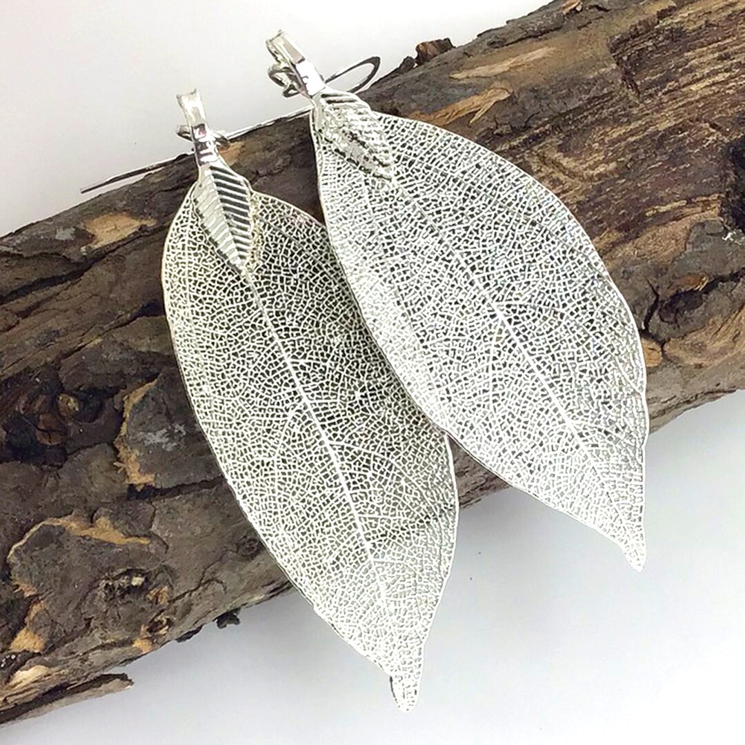 Silver Leaf Dangle Earrings, Genuine Electroplated Copper, Nature ...