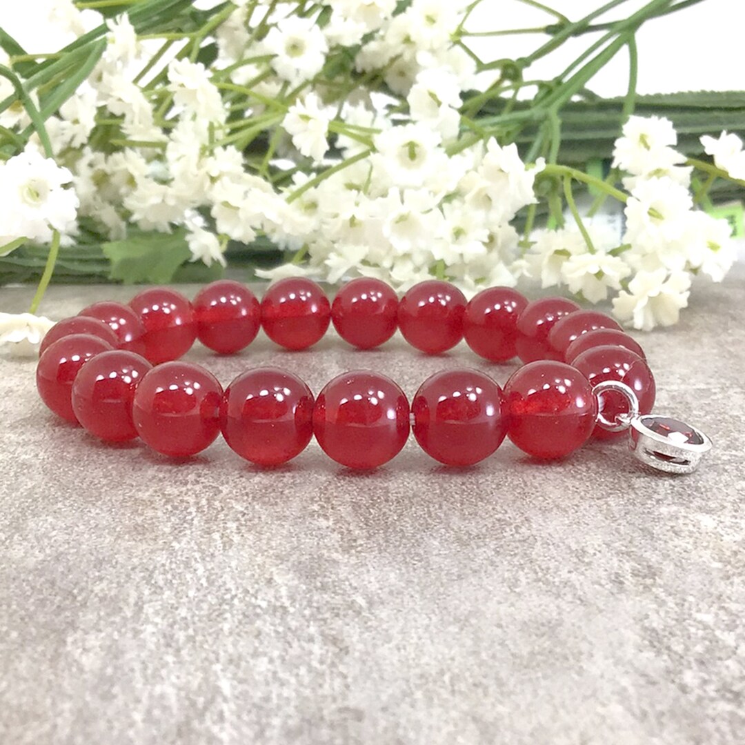 Red Jade Beaded Bracelet With Sterling Silver July Birthstone Ruby Red ...