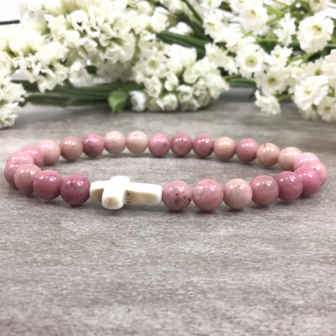 Pink Rhodonite Beaded Bracelet With Howlite Cross Pendant Healing ...