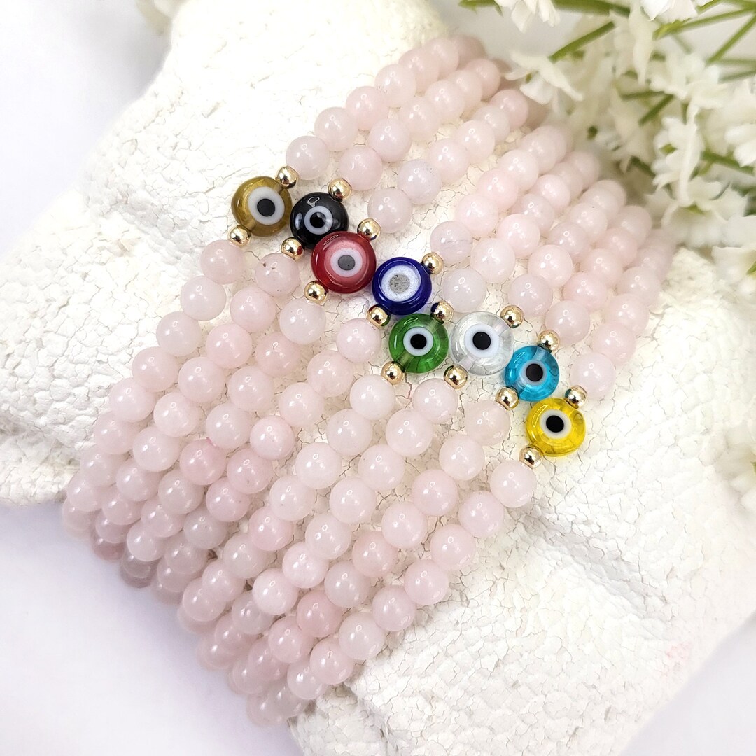 Evil Eye Rose Quartz Beaded Bracelet Handmade 4mm Stretchy Healing ...