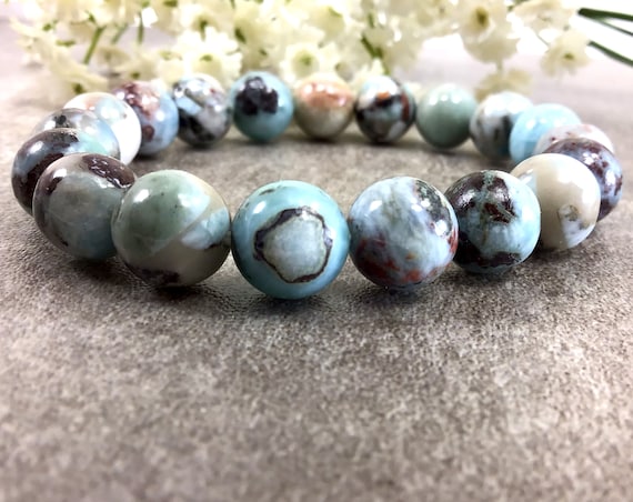 Natural Blue Larimar Beaded Bracelet Handmade Stretch AA 10mm Round Beaded Bracelet Custom Jewelry Summer Bracelet Etsy