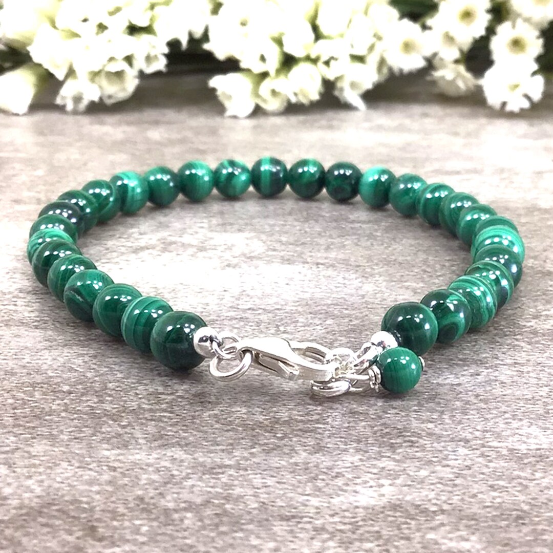 6mm Natural Green Malachite Bracelet With Sterling Silver Lobster Claw ...