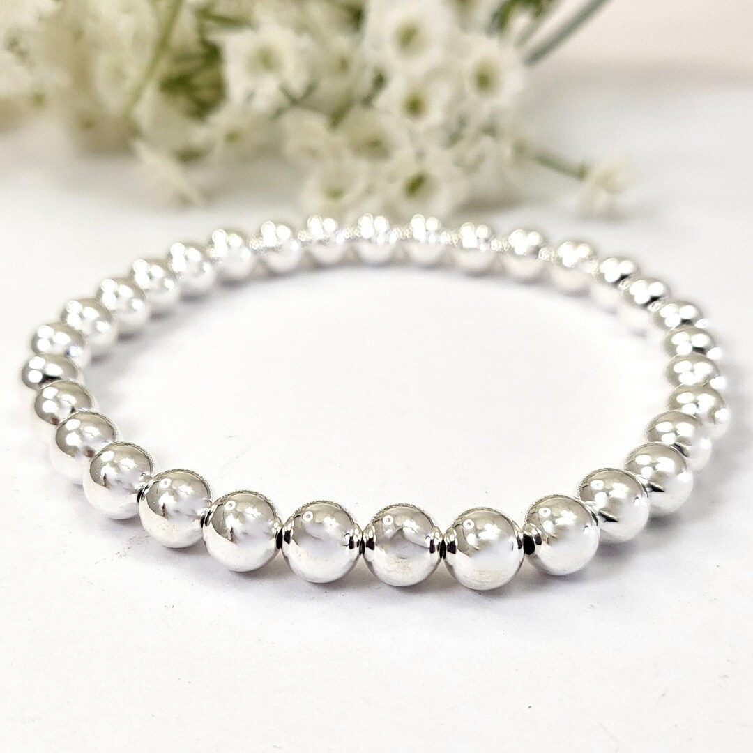Sterling Silver Beaded Bracelet, 6mm Round Beads, Minimalist Stretch ...