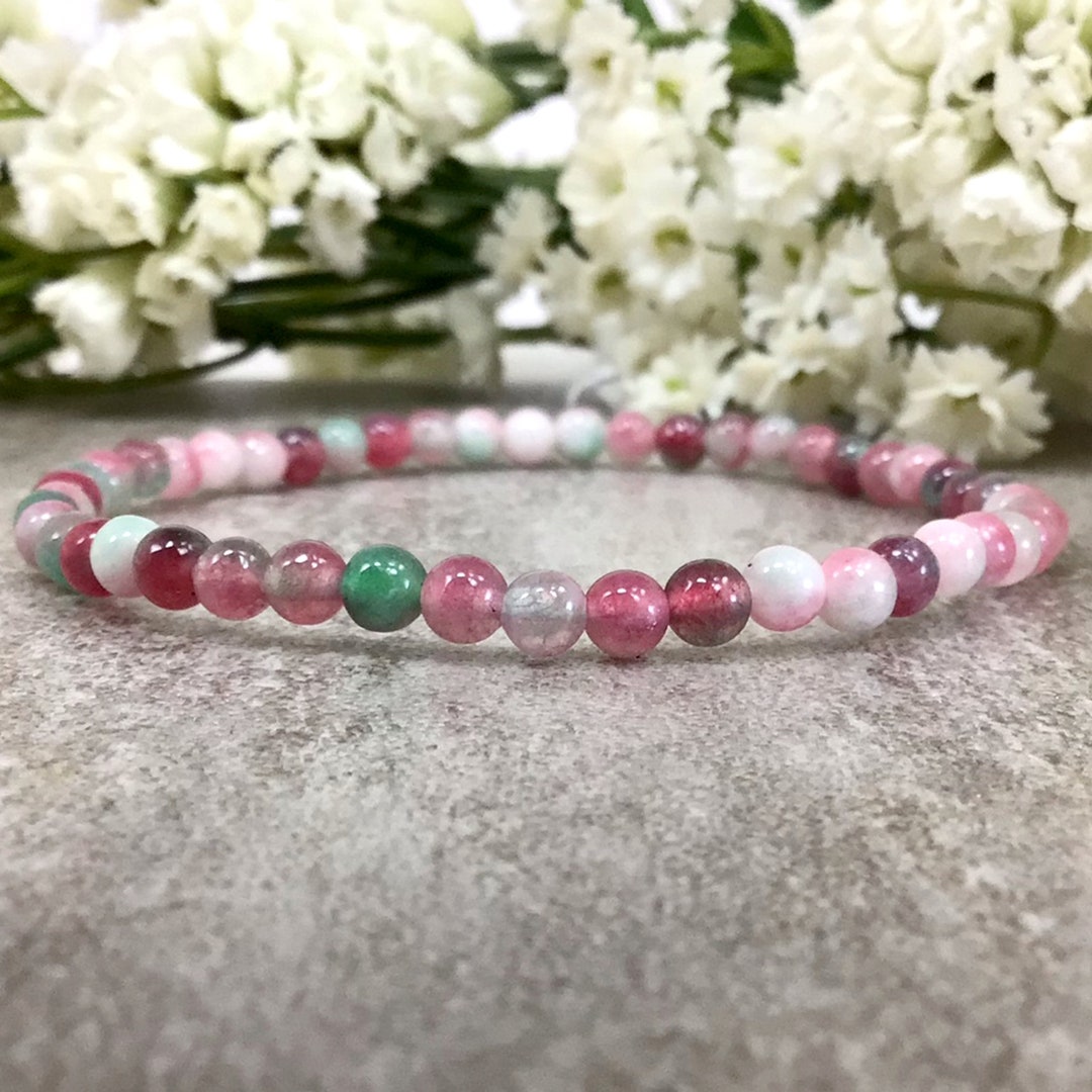 4mm Watermelon Jade Bracelet, Elastic Bracelet, Healing Pray Stone ...