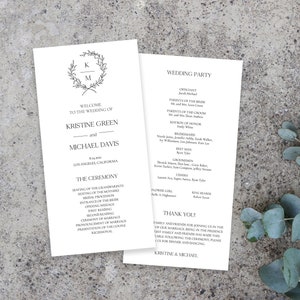 Modern Minimalist Tall Wedding Program Template, Circle Monogram ...