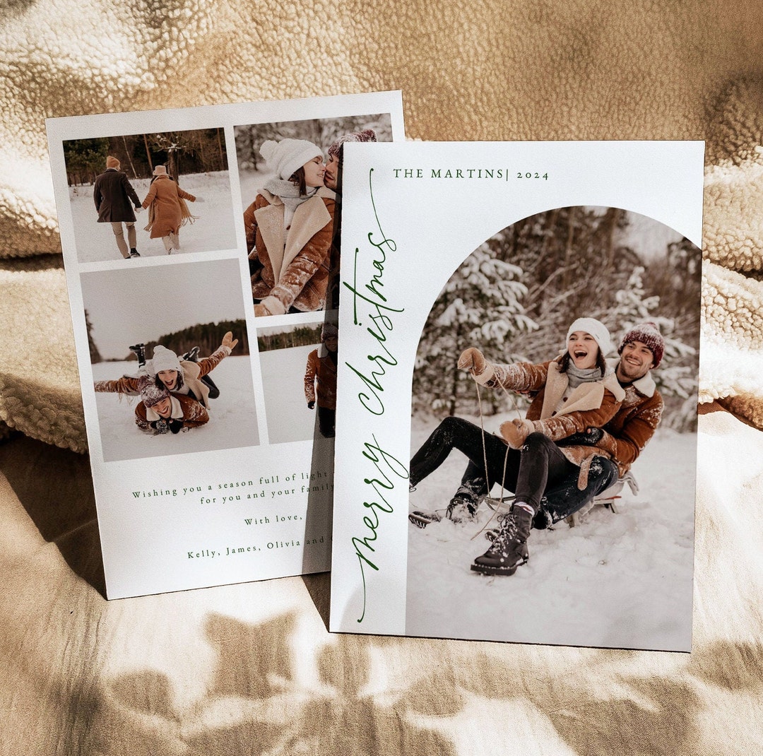 Boho Christmas Card Template With Photo, Holiday Card Template, Modern ...