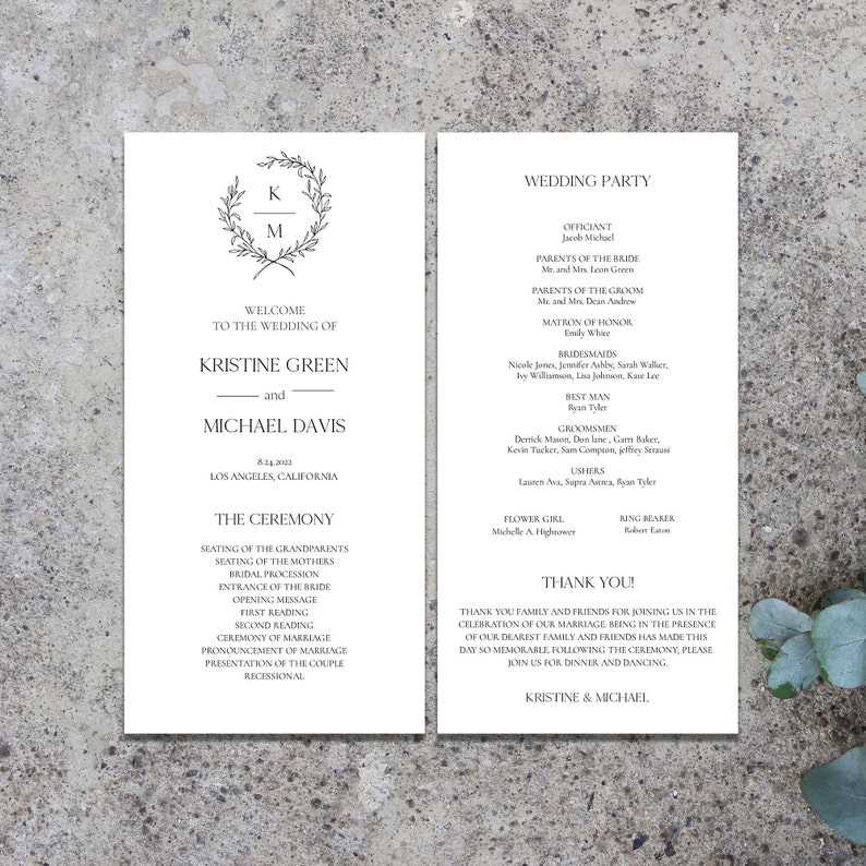 Modern Minimalist Tall Wedding Program Template, Circle Monogram ...