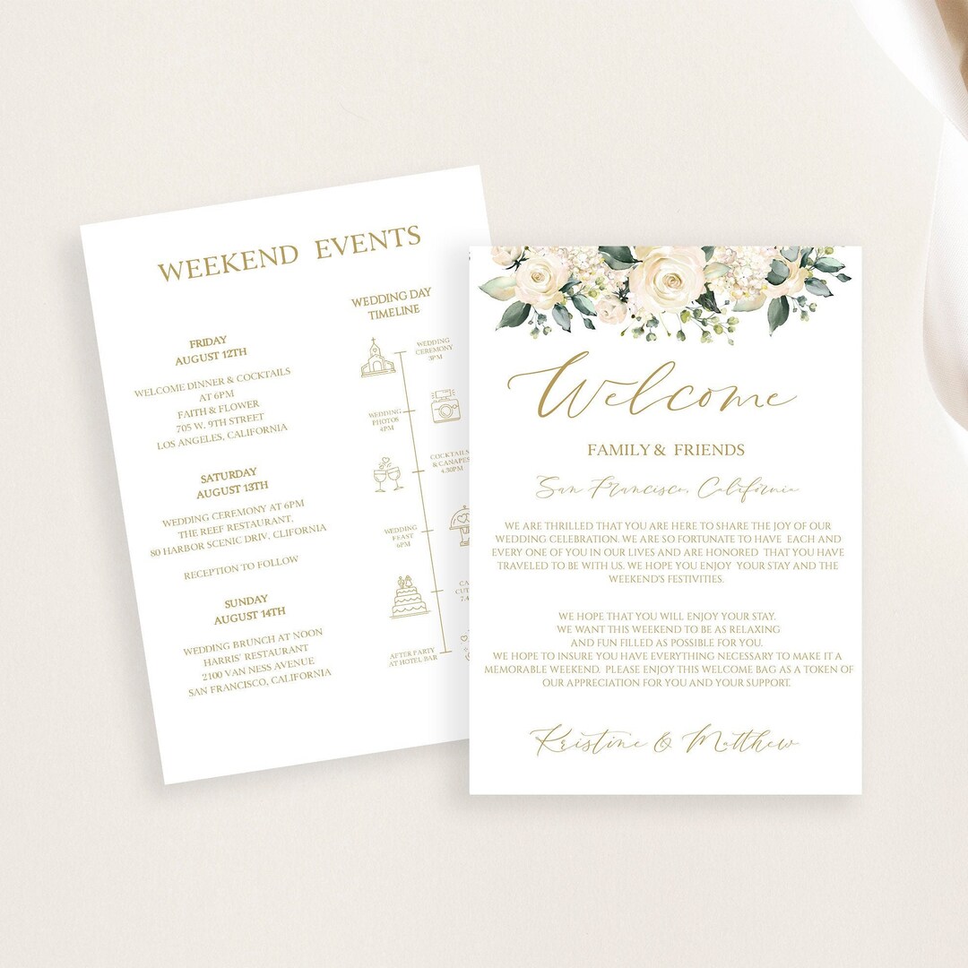 Wedding Weekend Itinerary Template, Greenery and Gold Wedding Timeline ...