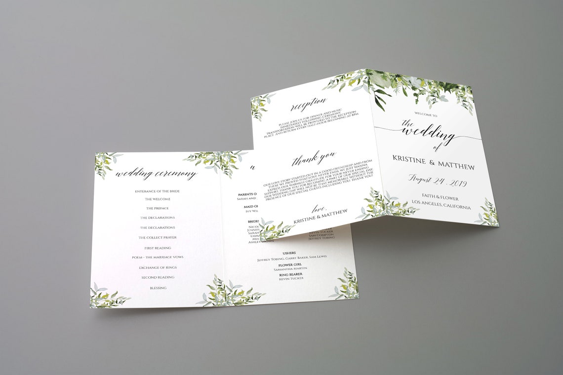 Folded Wedding Program Template Greenery Wedding Program | Etsy