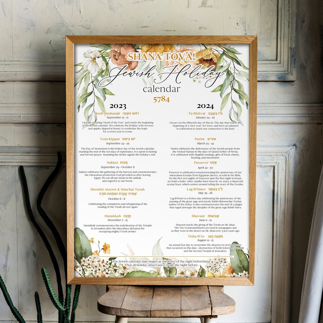Jewish Holiday Calendar 2023 - 2024, Hebrew Calendar 5784, Rosh ...
