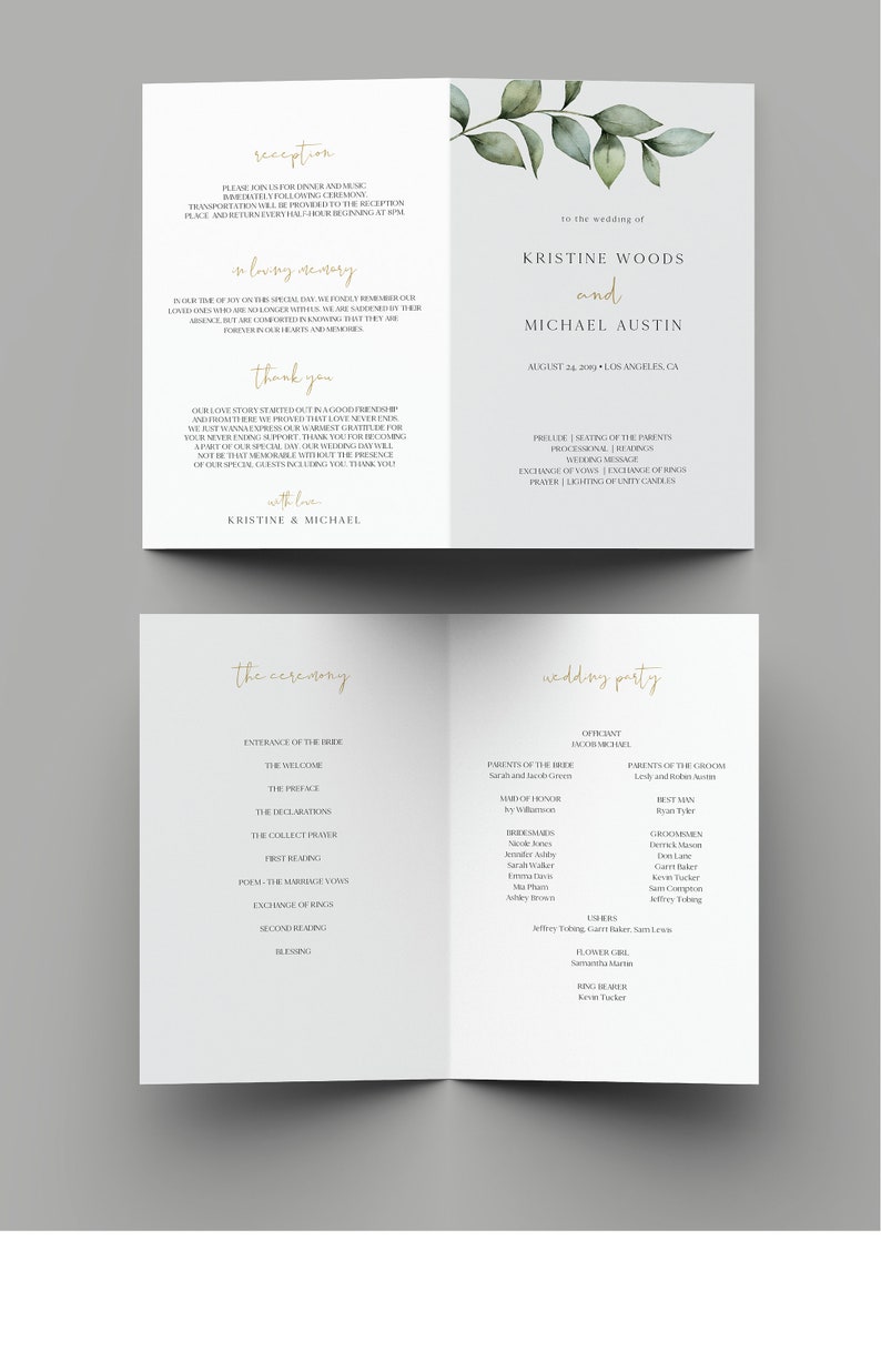 Greenery and Gold Folded Wedding Program Template Boho | Etsy