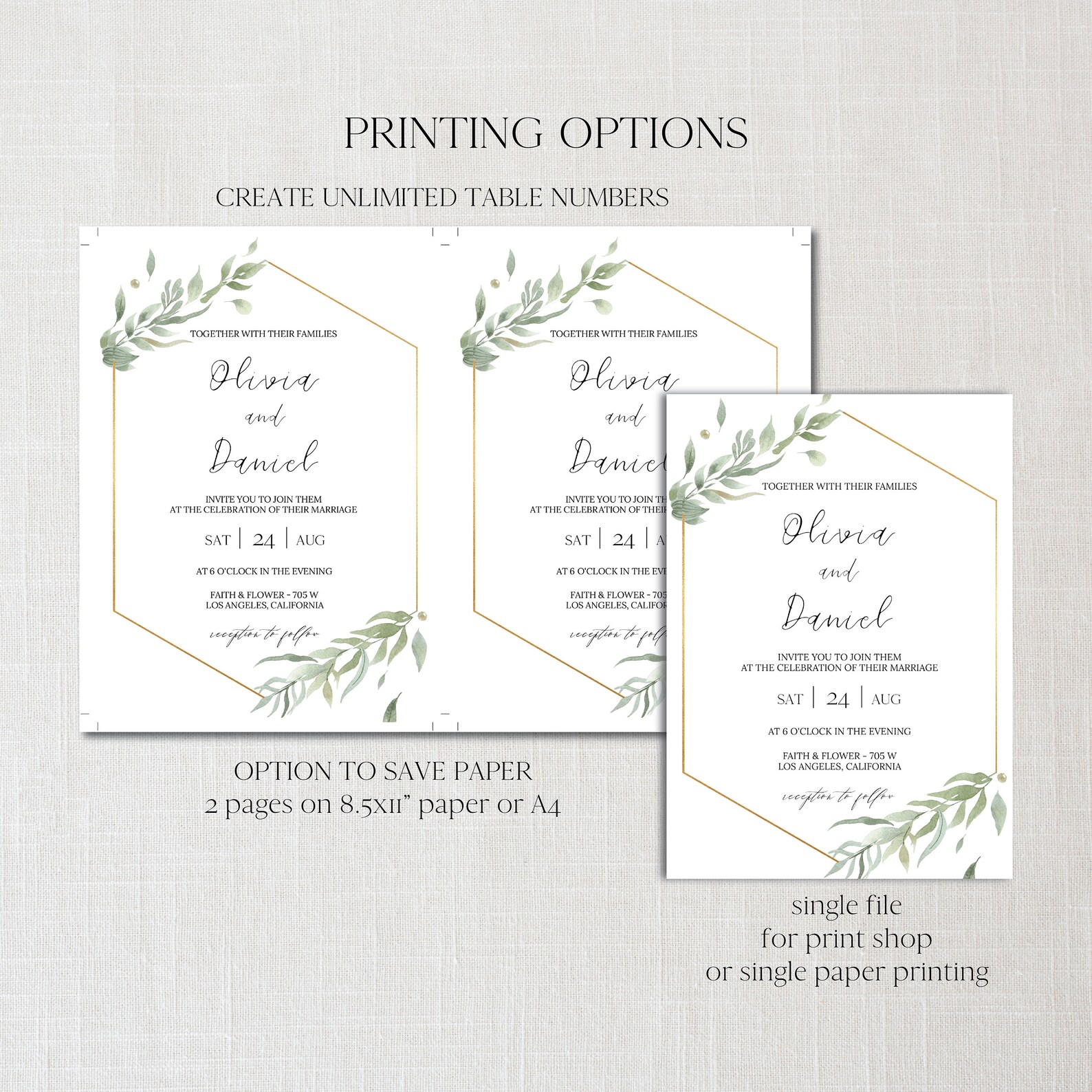Greenery and Gold Wedding Invitation, Instant Download, Editable ...