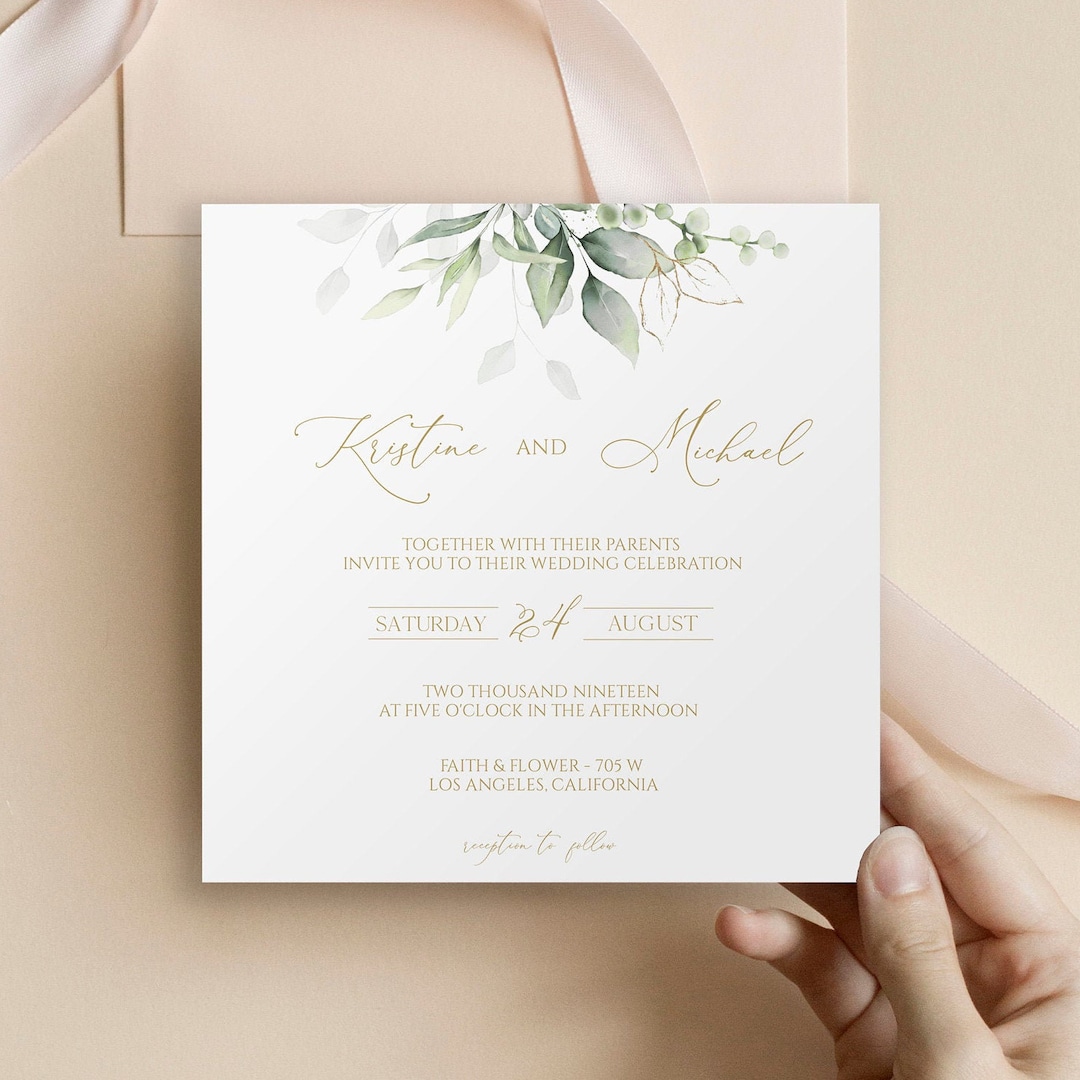 Square Wedding Invitation, Greenery Wedding Invitation Template Instant ...