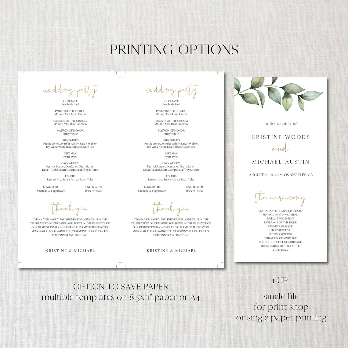 Greenery and Gold Wedding Program Template, Printable Greenery Program ...
