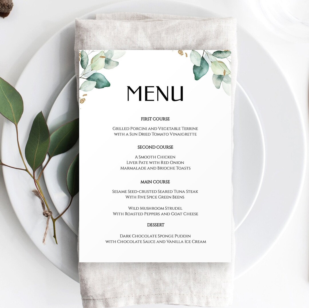 Greenery Wedding Menu Template, Menu Card Template, Editable Menu Card ...