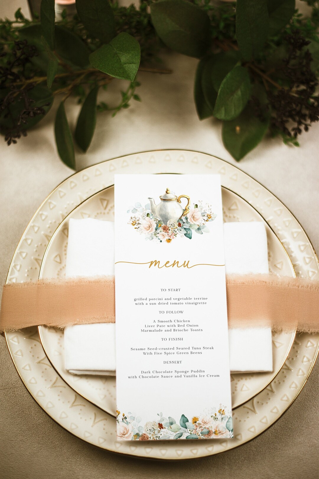 Tea Party Menu Template, Floral Greenery Bridal Tea Menu Card, Tea ...