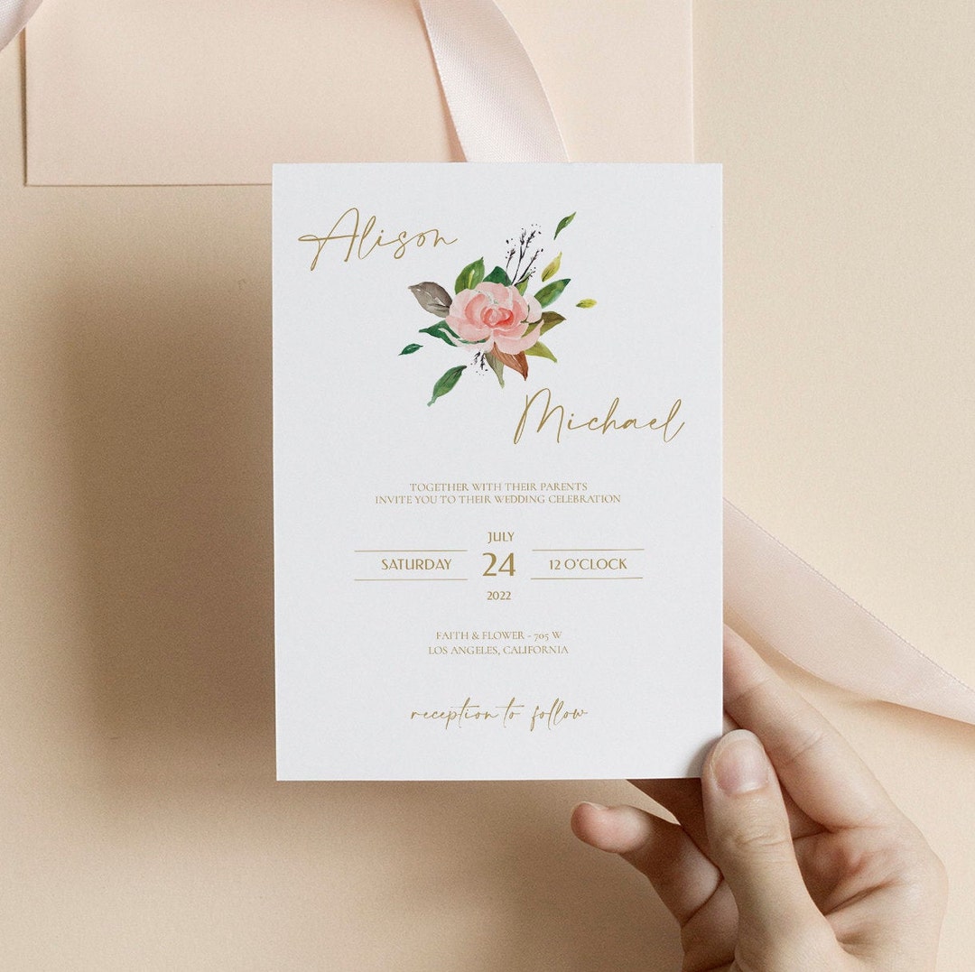 Spring Wedding Invitation, Floral Wedding Template, Gold Wedding Invite ...