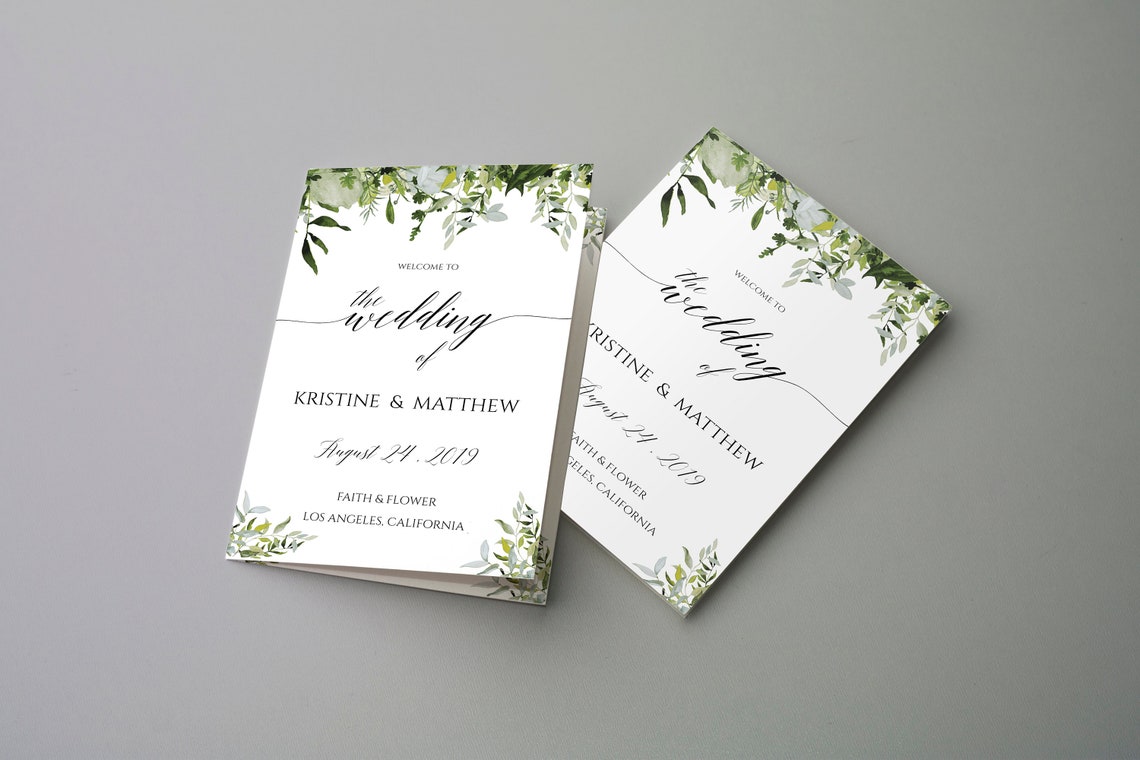 Folded Wedding Program Template Greenery Wedding Program | Etsy