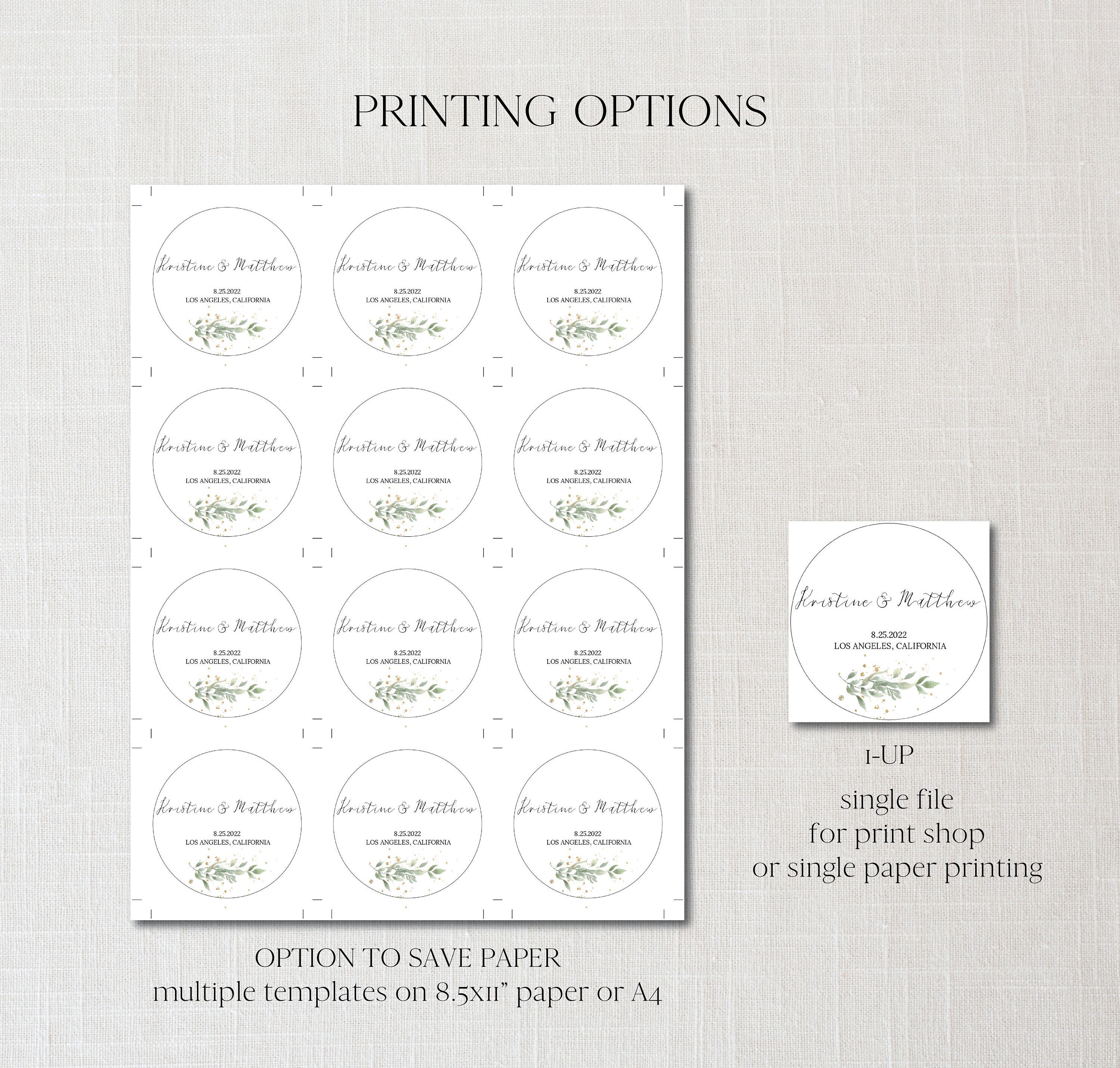 Round Wedding Favor Labels Printable Greenery and Gold Round | Etsy