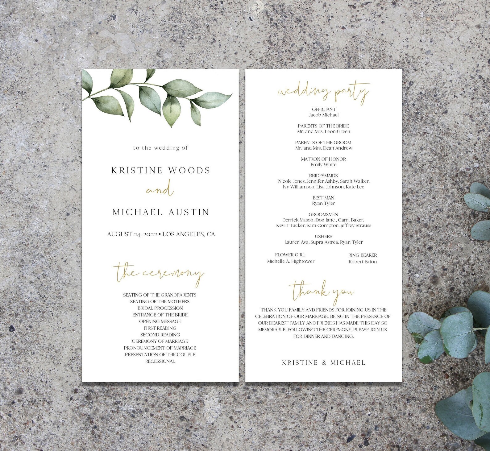 Greenery and Gold Wedding Program Template, Printable Greenery Program ...