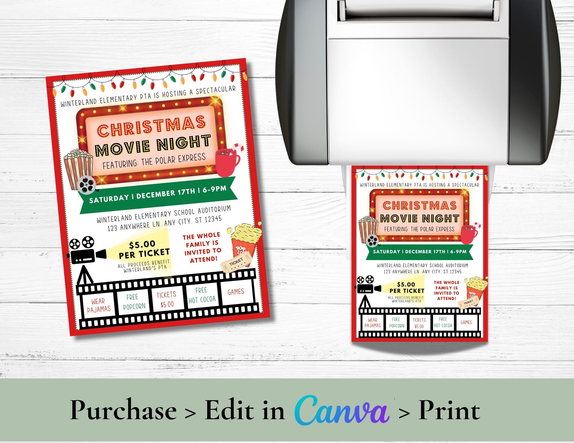 Christmas Movie Night Flyer Template: Editable Canva PTA PTO (digital ...