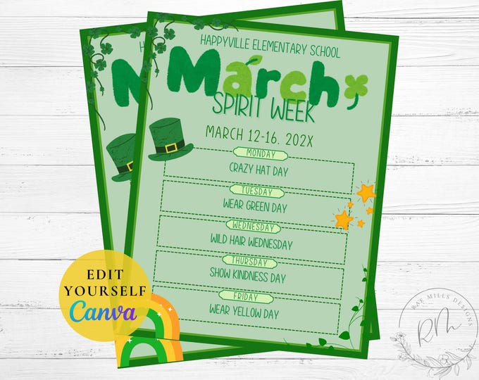 Editable St Patrick's Day Spirit Week Flyer, March Spirit Week Template ...