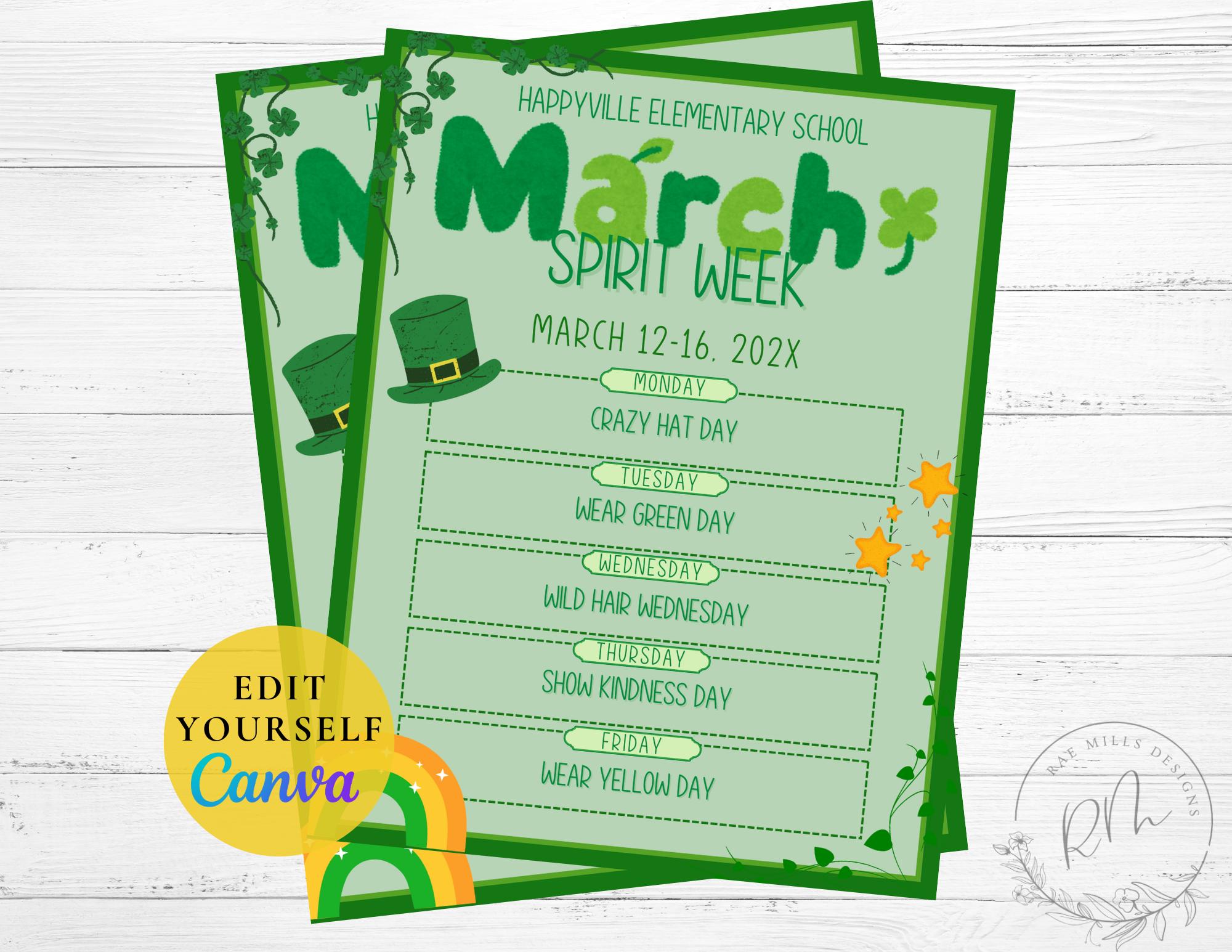 March Spirit Week Editable Template | School Spirit Week Templates ...