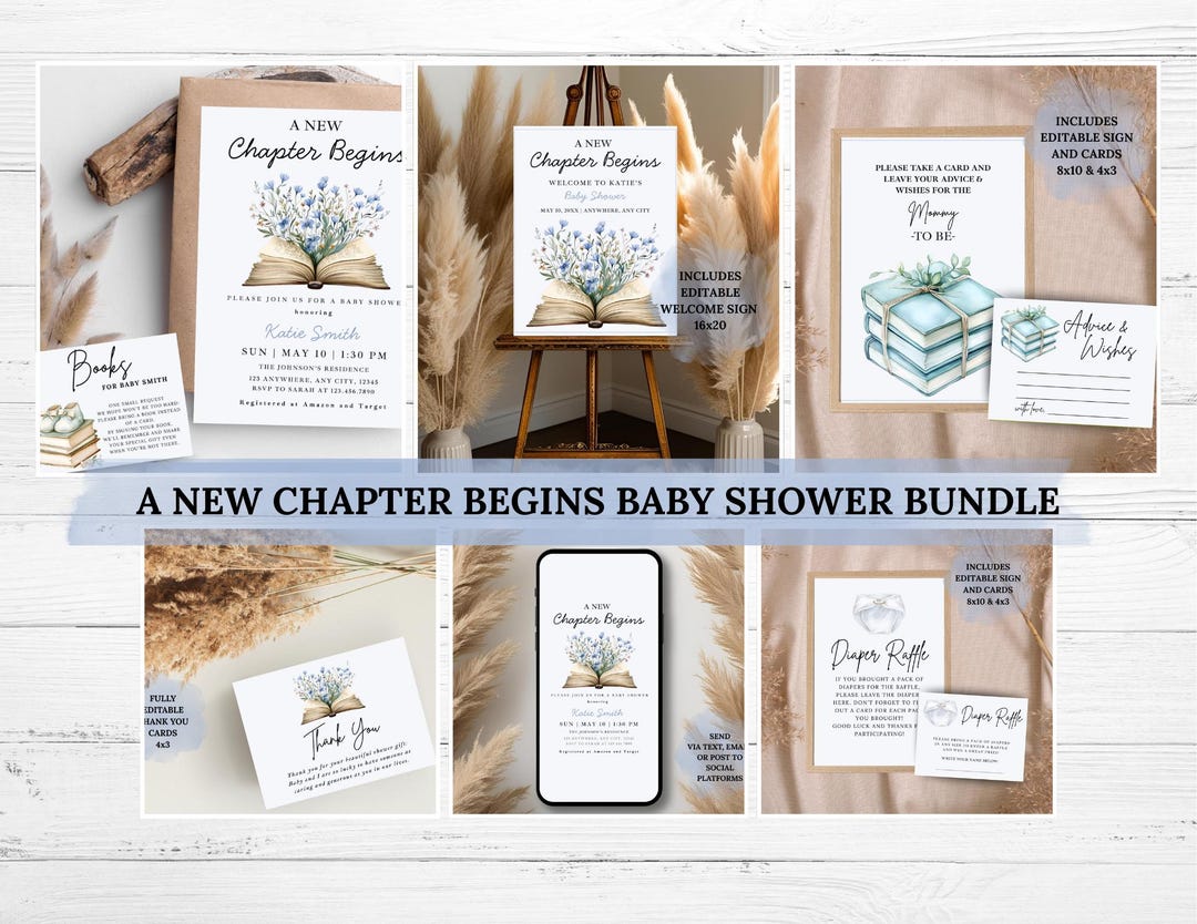 A New Chapter Begins Baby Shower Invitation Bundle | Editable Baby Shower Invitation | Gender ...