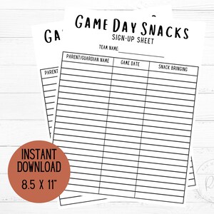Game Day Snack Sign-up Sheet | Printable Team Schedule (instant ...