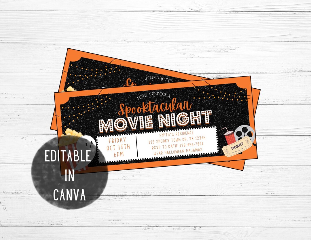 FULLY EDITABLE Halloween Movie Night Ticket Invite | Halloween Template ...