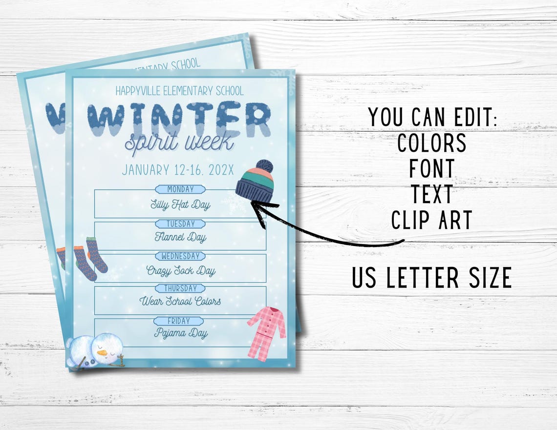Winter Spirit Week Editable Template | School Spirit Week Templates ...
