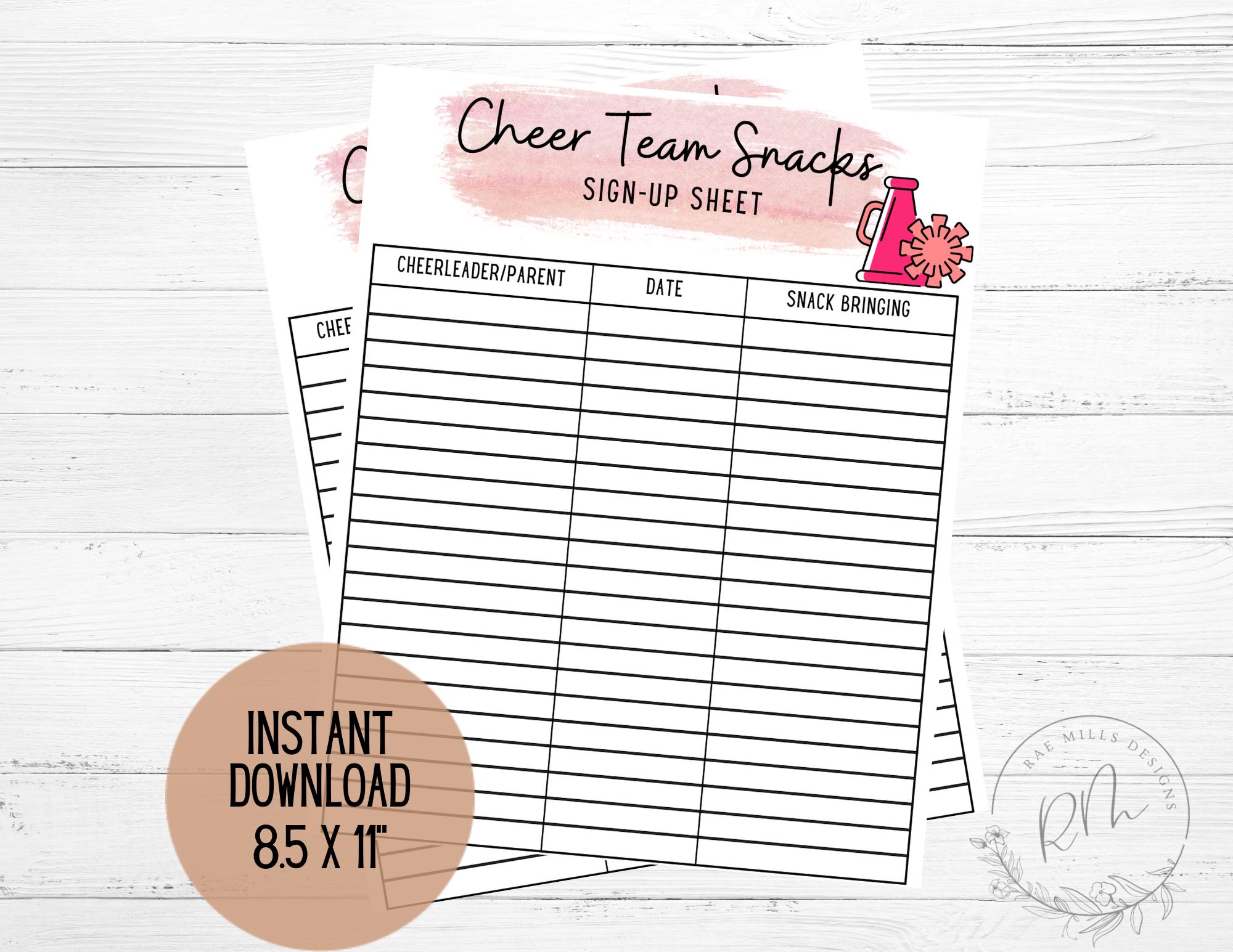 Printable Cheer Snack Sign up Sheet | Snack Sign up Sheet | Game Day ...