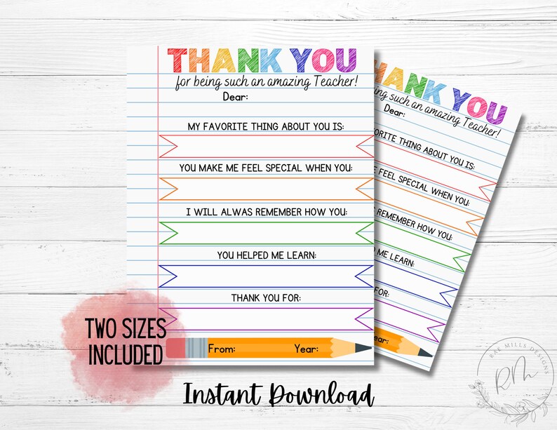 Printable Teacher Thank You Letter: Fill-in Student Gift (PDF) - Etsy