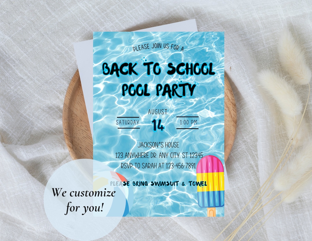 Back to School Pool Party Invitation Personalized and Customized ...